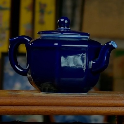 景德镇高温陶瓷建国瓷厂霁蓝釉八棱茶壶 泡茶壶可收可藏 家居摆件