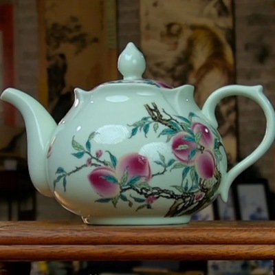 景德镇陶瓷绿稀土茶具粉彩釉上彩福寿大茶壶泡茶壶1000毫升莲花壶