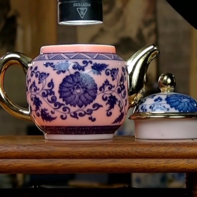 景德镇陶瓷红稀土青花描金缠枝莲茶壶中式壶将军壶茶具带把手壶