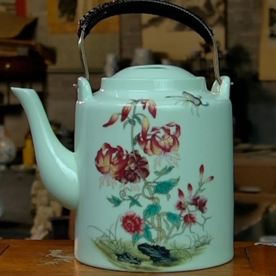 景德镇高温陶瓷绿稀土蝶恋花大容量提梁壶泡茶壶茶壶凉水壶带过滤