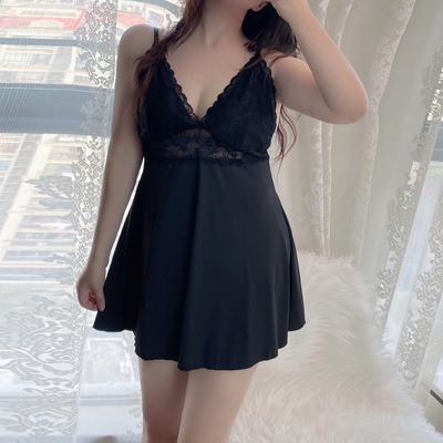 31324实拍欧美大码纯欲连衣裙胖mm200斤蕾丝拼接宽松遮肚吊带睡裙