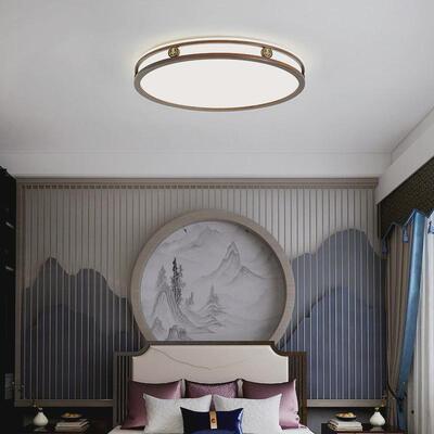 新中式吸顶灯圆形LED现代简约胡桃木色超薄卧室书房间实木灯2006