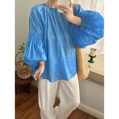 多巴胺穿搭亚麻纯色衬衫长袖宽松上衣女装夏薄款衬衫防晒空调衬衣