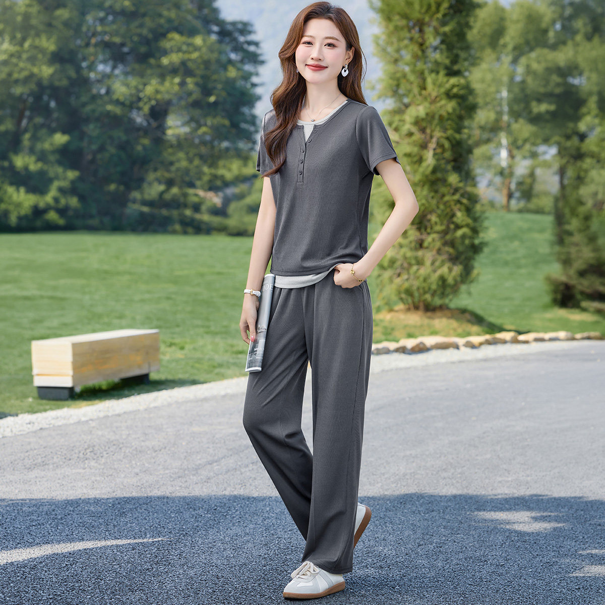 假两件圆领正肩短袖T恤休闲裤两件套女2026夏季新款洋气时尚套装