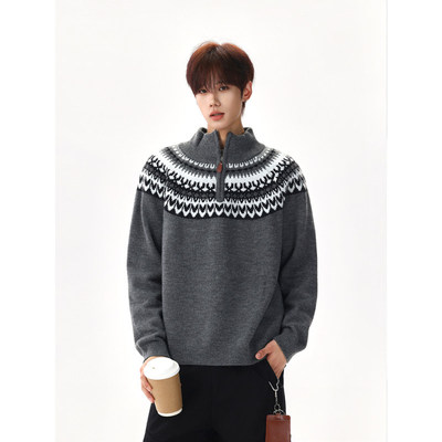NOT UGLY穿搭新品百搭潮时尚青年个性美式复古提花慵懒半高领毛衣