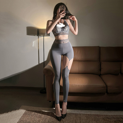 霏慕蕾丝边圆环扣镂空瑜伽裤女