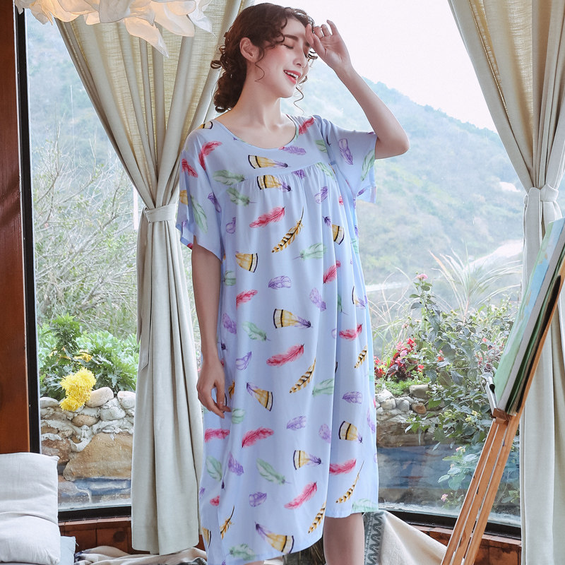 睡裙女夏中老年纯棉绸睡衣家居服可爱韩版人造棉宽松加大码孕妇裙
