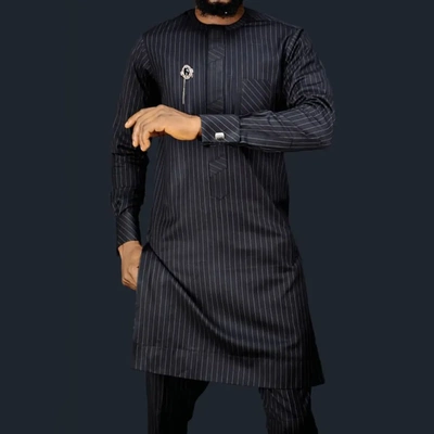 T1020 新款跨境外贸非洲风条纹修身黑色口袋纽扣长袖男士套装