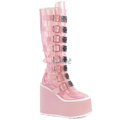 美国及膝靴厚底皮带扣金属板