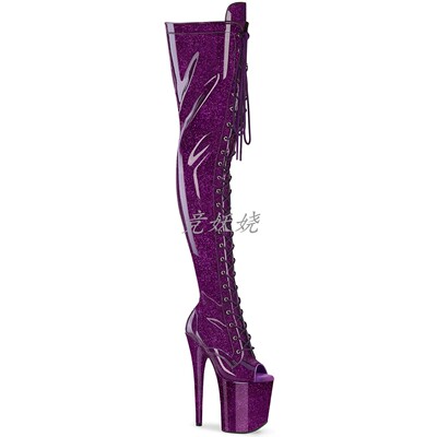 防水台闪粉拉链恨天高过膝靴