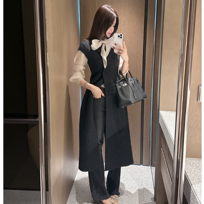 partysu韩国正品代购2025西装风毛呢马甲女中长款收腰马夹外套