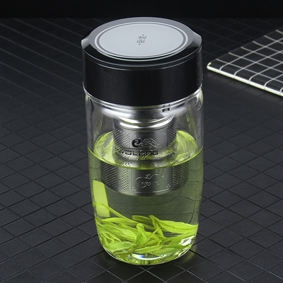 卧龙水杯子单层玻璃杯加厚男大容量矮胖茶叶杯茶水分离鹅蛋杯透明