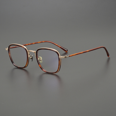日本手工纯钛方框眼镜架 复古设计雕花中金眼镜框 可配近视男女款