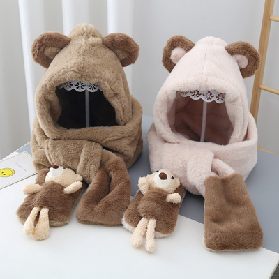 毛绒护耳骑车三件套手套围脖冬季