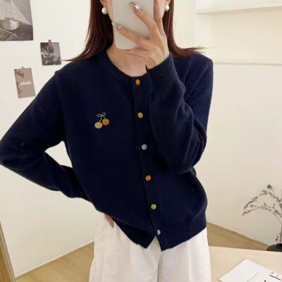 【小四粉丝专享】A171刺绣针织开衫女彩色纽扣圆领毛衣外套
