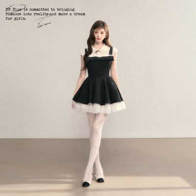 露思小黑裙赫本风蕾丝蓬蓬裙