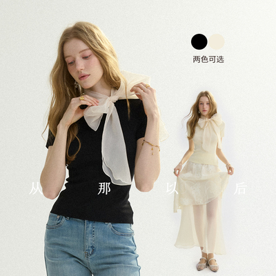 从那以后川端的雪黑色蝴蝶结短袖圆领系带T恤法式简约百搭内搭女
