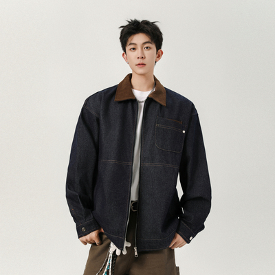 潮牌美式复古撞色翻领牛仔外套男