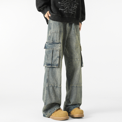潮牌嘻哈宽松多口袋工装牛仔裤
