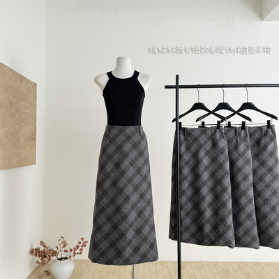 JANEONESS 羊毛混纺复古威尔士格纹斜裁长短款毛呢休闲直筒半裙女