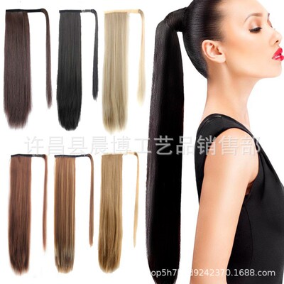 欧美 假发马尾直发接发魔术贴化纤马尾辫女假发现货ponytai l hai