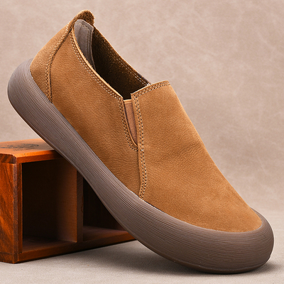 男士休闲宽头皮鞋磨砂真皮透气