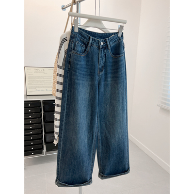复古水洗高腰直筒牛仔裤女宽松秋