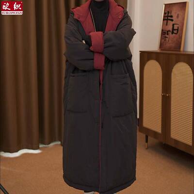 双面穿长款连帽棉服C2025新款时尚设计感宽松加厚保暖长袖外套女