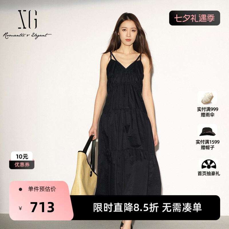 【单件立减】XG雪歌黑色纯棉吊带连衣裙2026夏季新款高腰伞裙女装