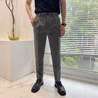 春季新款男士修身条纹小脚长裤潮