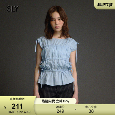 SLY早春新品甜美系带飞飞袖褶皱修身圆领衬衫女030ISZ30-4441