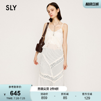 SLY春季新品优雅约会风蕾丝褶皱拼接吊带连衣裙030IAZ33-0851