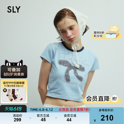 SLY 夏季新品蕾丝蝴蝶结印花短款圆领短袖T恤女030ISZ90-2371