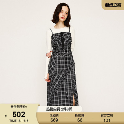 SLY 春季新品甜酷风格纹褶皱修身收腰吊带连衣裙女030IAR33-2221