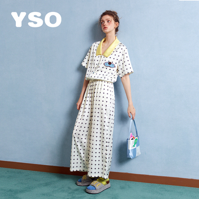 yso【酷猫系列】睡衣女夏季冰丝翻领开衫短袖两件套家居服套装B
