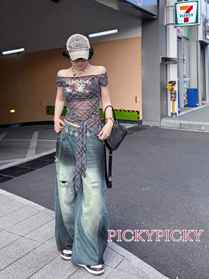 pickypicky美式复古辣妹设计感一字肩网纱格子显瘦上衣