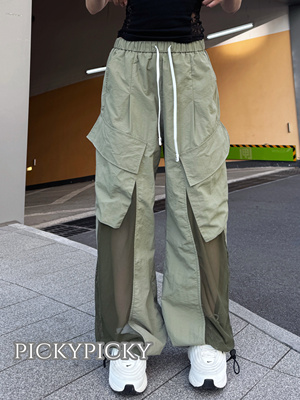 pickypicky美式复古网纱拼接撞色抽绳松紧冲锋裤宽松阔腿休闲裤