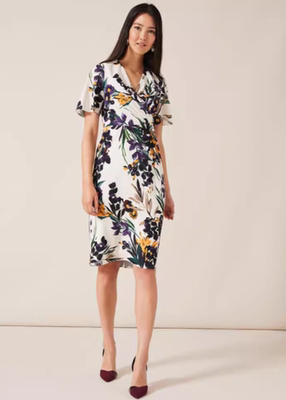 Phase Eight短袖连衣裙一步裙白底碎花印花V领清新百搭淑女褶皱