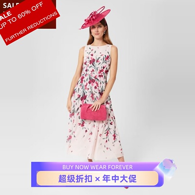 HOBBS夏季淡粉印花连衣裙长裙无袖圆领高腰修身优雅淑女优雅气质