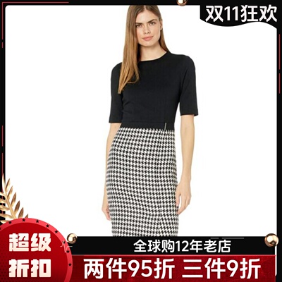 TED BAKER短袖千鸟格正装连衣裙包臀裙中长腰带修身通勤OL职业