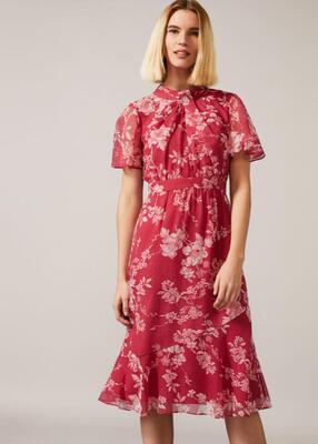 Phase Eight短袖连衣裙中长款红碎花一步裙修身复古英伦优雅百搭