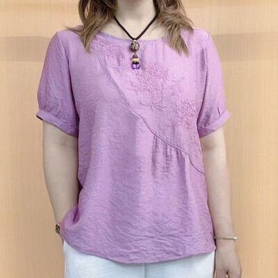 夏季通勤刺绣遮肚显瘦短袖T恤