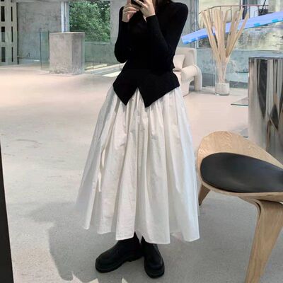 白色高腰显瘦大摆百褶半身裙