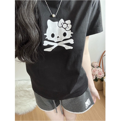 Brandy bm chioe kitty猫 top骷髅头短袖女T恤夏纯棉新款正肩上衣