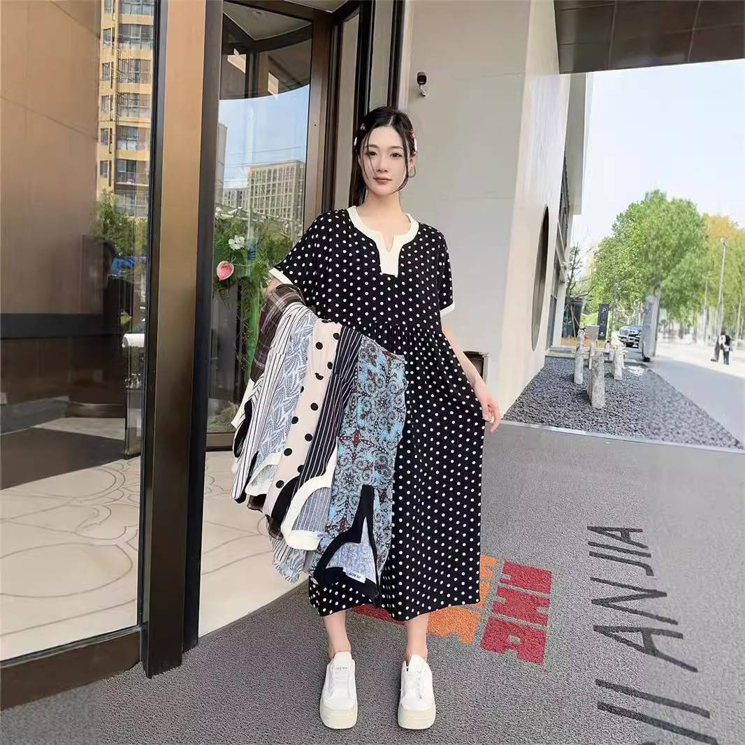 棉绸V领短袖连衣裙女士睡裙夏季薄款家居裙宽松人造棉长裙子