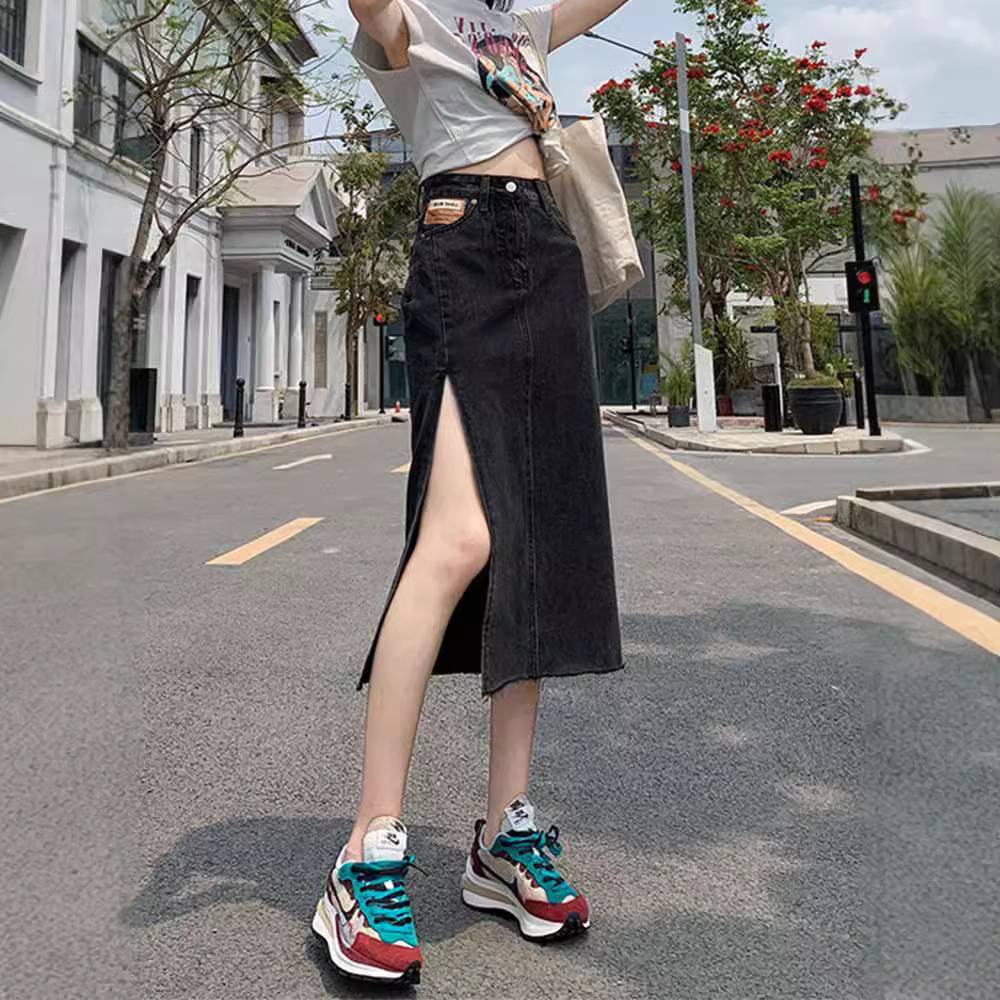 大码侧开叉牛仔半身裙女夏胖妹妹mm宽松显瘦高腰a字中长款包臀裙