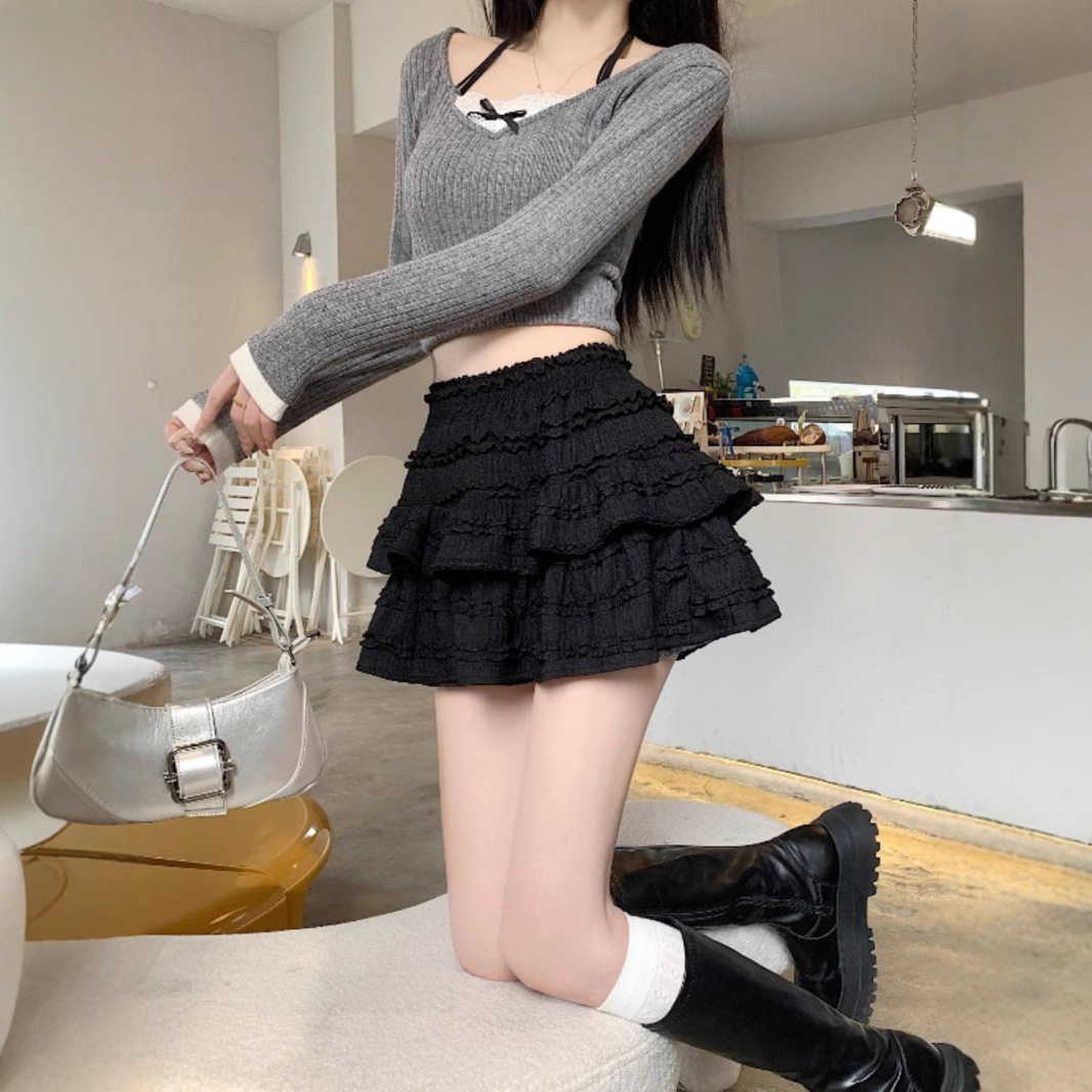 芭蕾风甜美蛋糕蓬蓬高腰半身裙女夏季2025新款黑色时尚防走光短裙