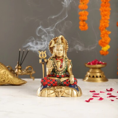 印度国际直邮手工Shiva湿婆雕像呈祝福姿势带有石雕 | 7 英寸高