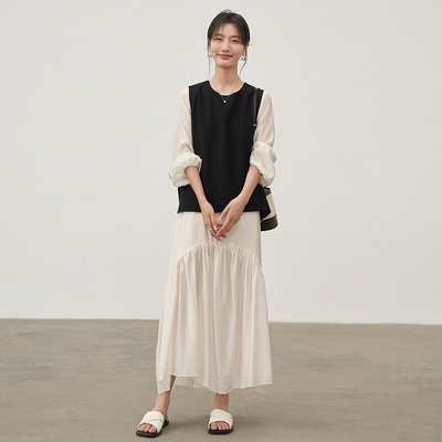 JANEONESS 小众设计法式V领宽松长袖连衣裙开叉西装马甲两件套装