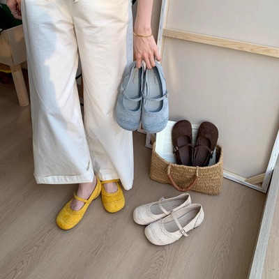 复古浅口圆头绒面平底玛丽珍单鞋